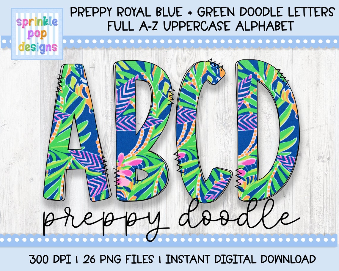 Doodle Alphabet | Preppy Royal Blue and Green Doodle Letters | Alphabet ...