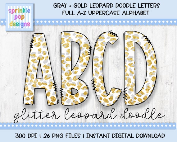 Doodle Alphabet Gray and Gold Glitter Leopard Doodle Letters | Etsy