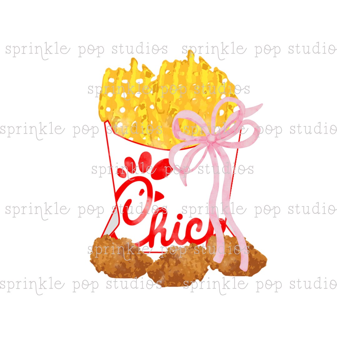Watercolor Chicken Nuggets and Waffle Fries With Bow Watercolor Design ...