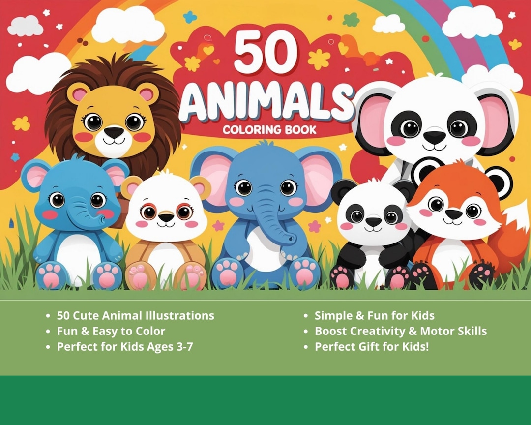 Printable Coloring Book for Kids - Cute Animals | 50 Pages | Instant ...