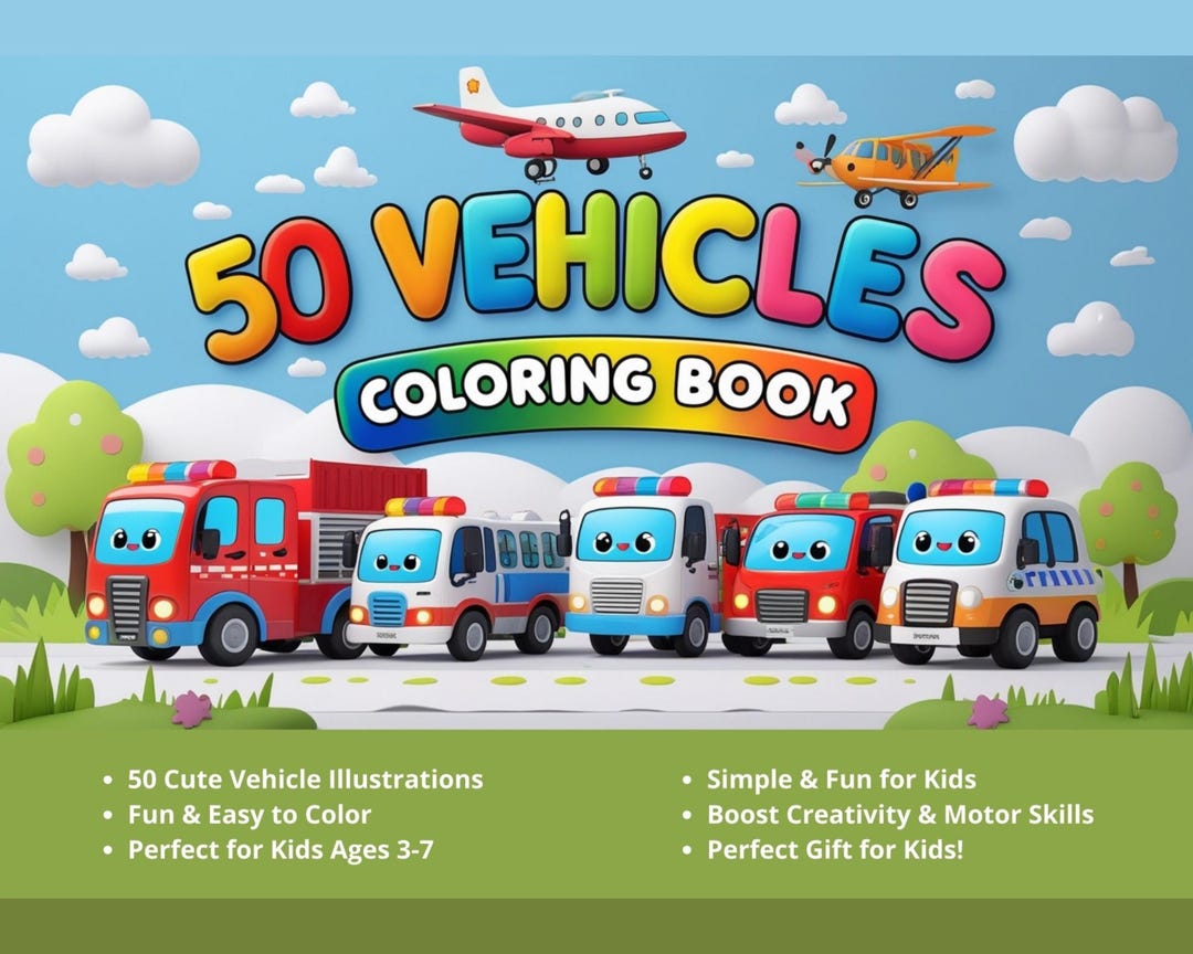 Printable Coloring Book for Kids - Cute Vehicles | 50 Pages | Instant ...