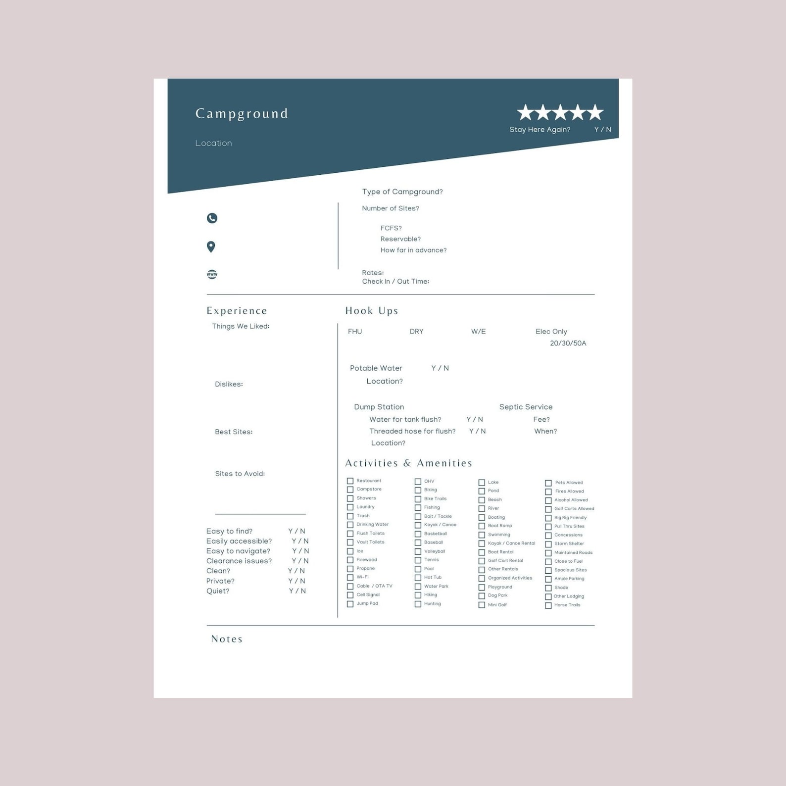 Printable RV Campground Log, Campground Tracker, Campsite Review Sheet ...