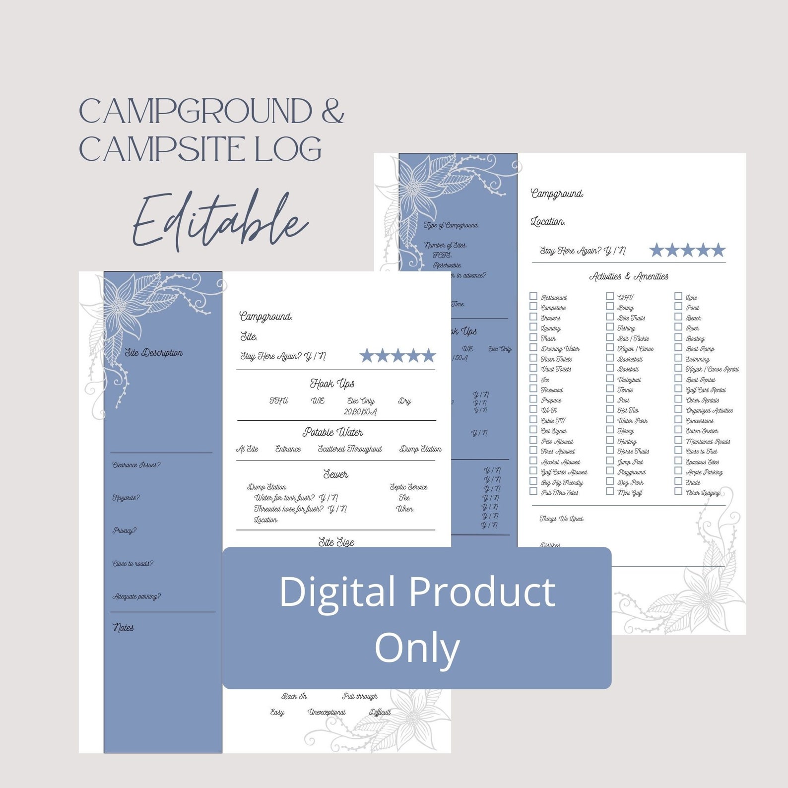 RV Campsite and Campground Log, Editable, Printable - Etsy