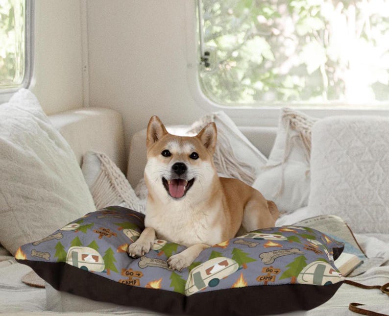 Cozy Camping Dog Bed, Camping Themed Pet Bed for RV Camper or Motorhome ...