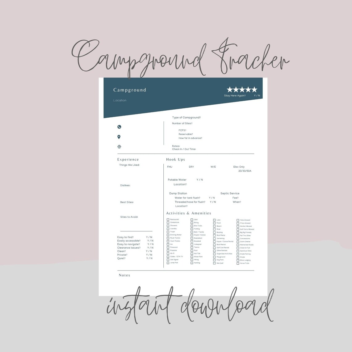 Printable RV Campground Log, Campground Tracker, Campsite Review Sheet ...