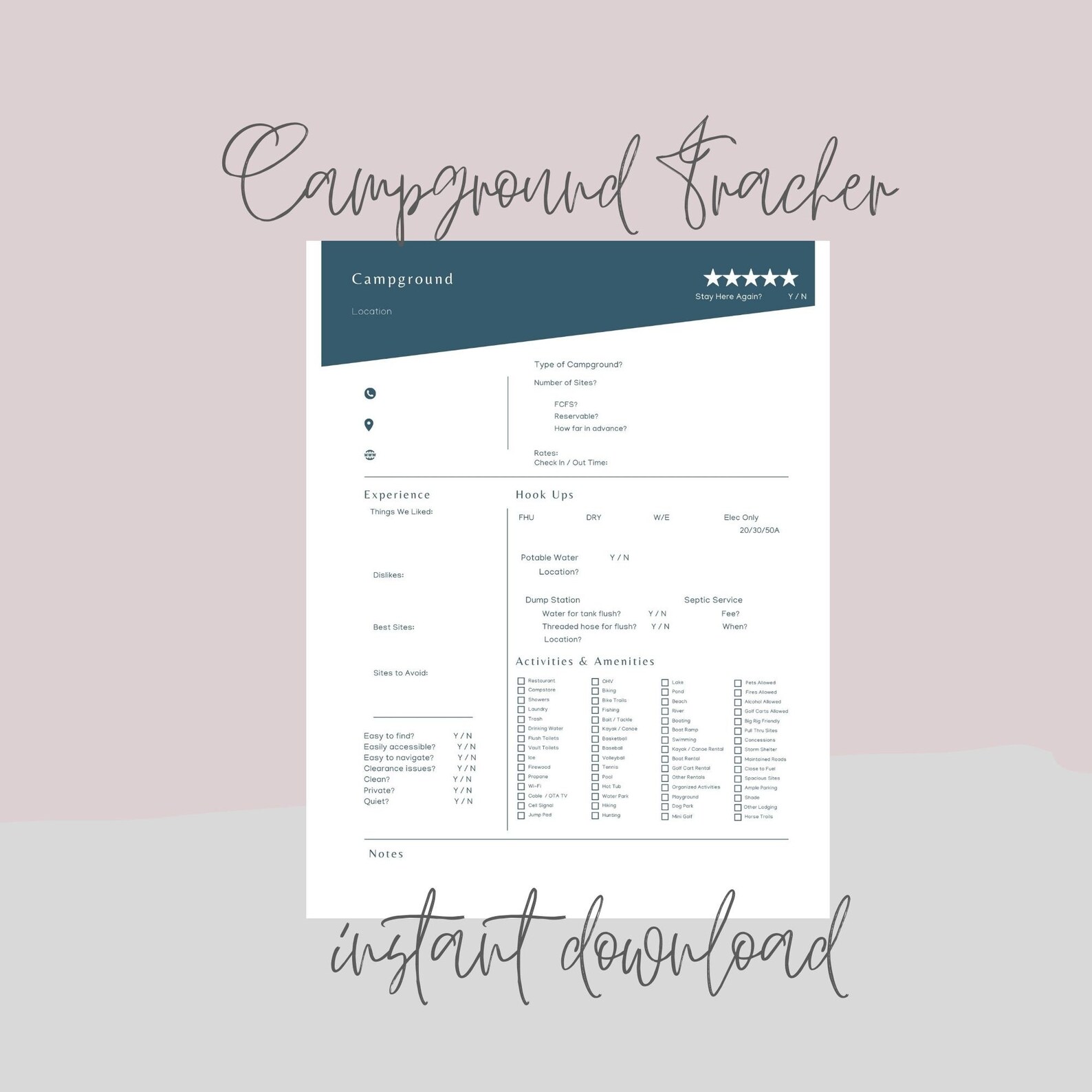 Printable RV Campground Log, Campground Tracker, Campsite Review Sheet ...