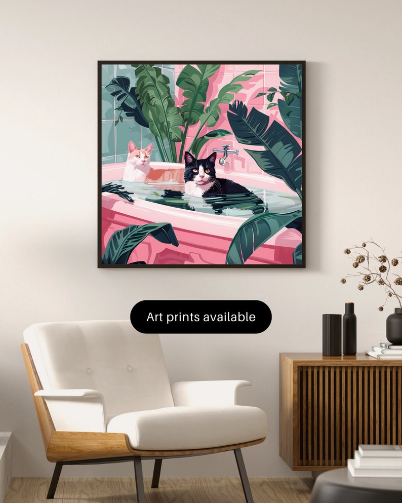 Pink Green Cat Bath Wall Art | Cat Digital Prints | Home Decor | Cat ...