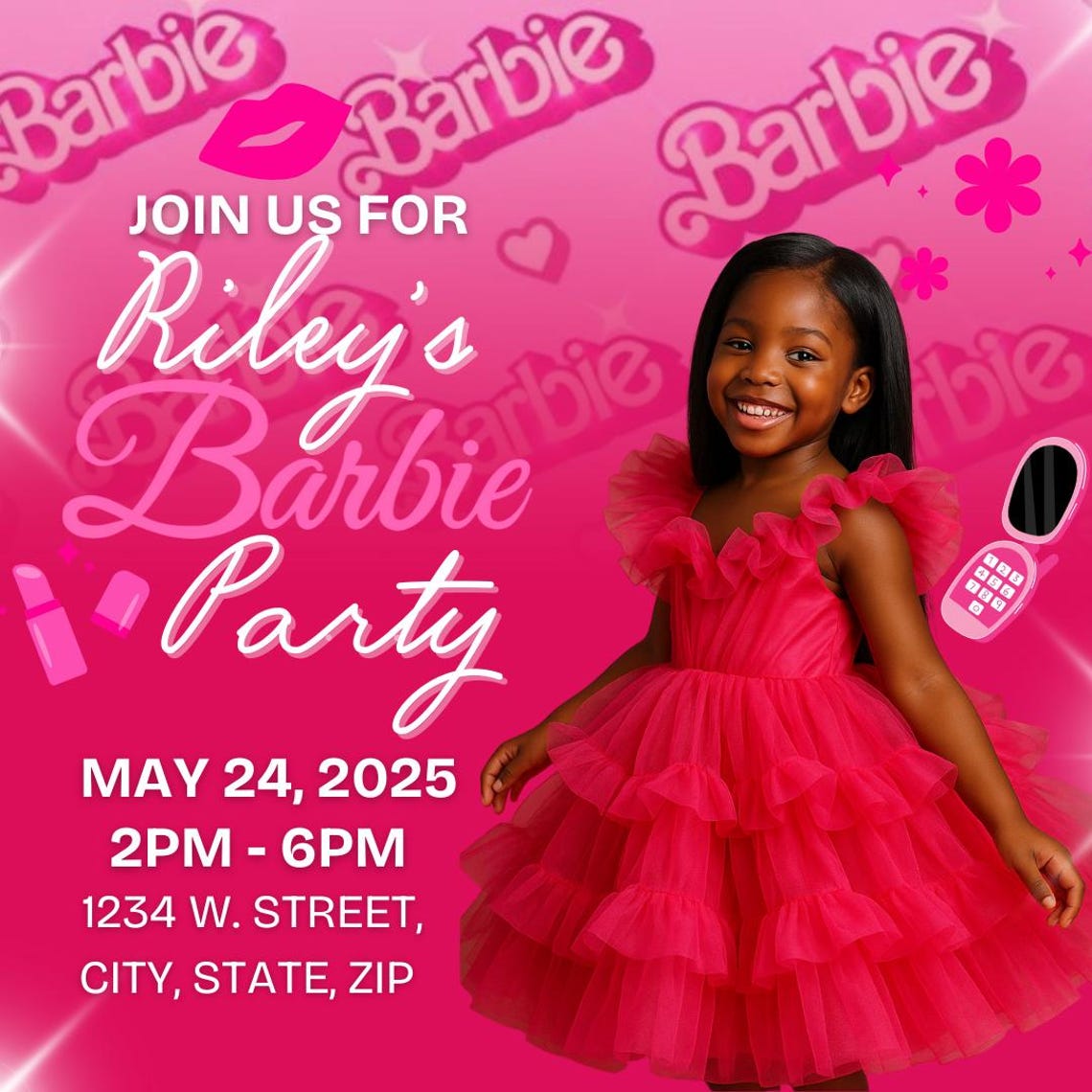Editable Barbie Birthday Party Invitation Flyer | Pink Glam Template ...