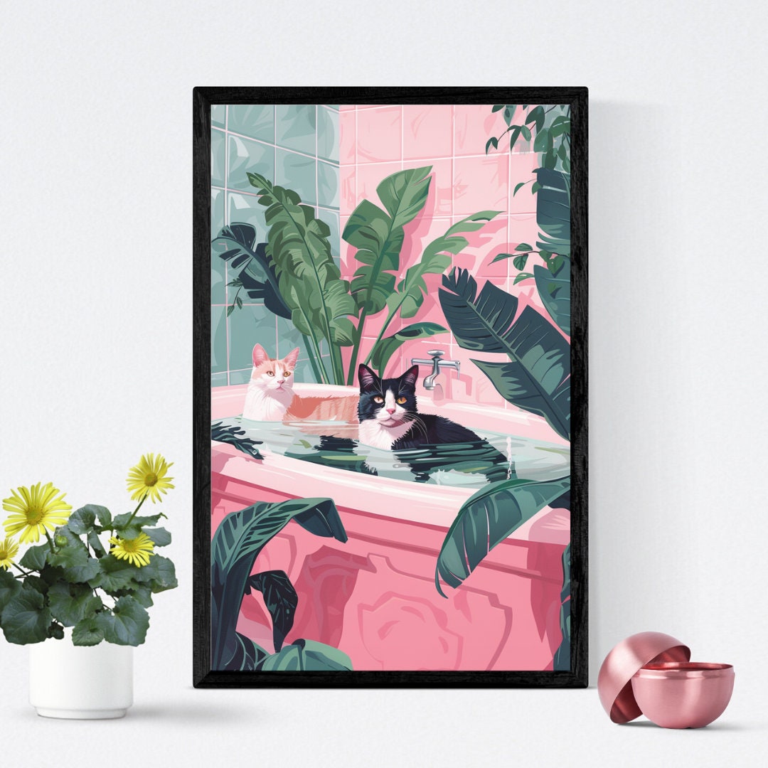 Pink Green Cat Bath Wall Art | Cat Digital Prints | Home Decor | Cat ...