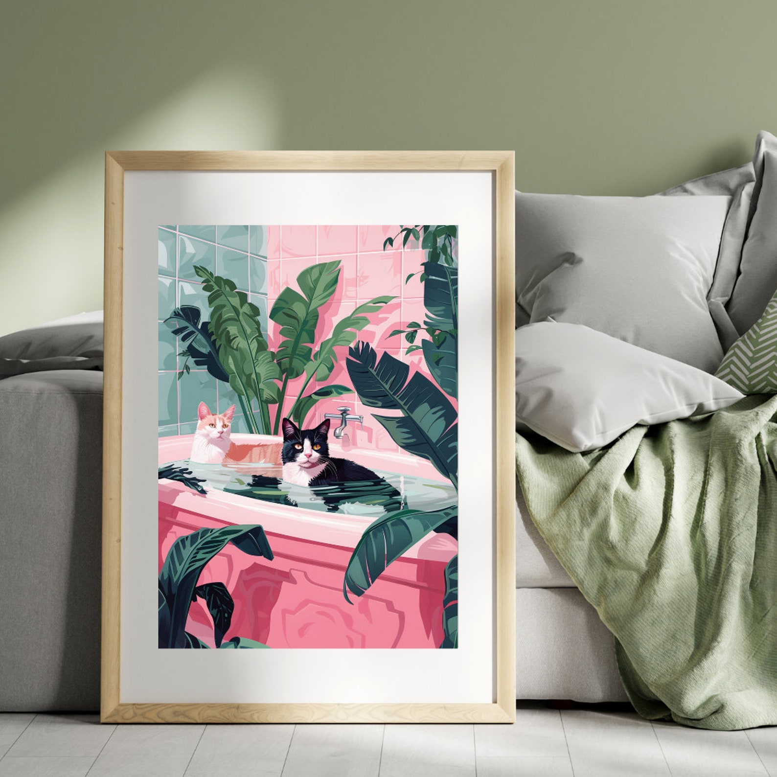 Pink Green Cat Bath Wall Art | Cat Digital Prints | Home Decor | Cat ...
