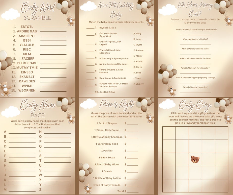Teddy Bear Baby Shower Games Bear Baby Shower Games Instant Download ...