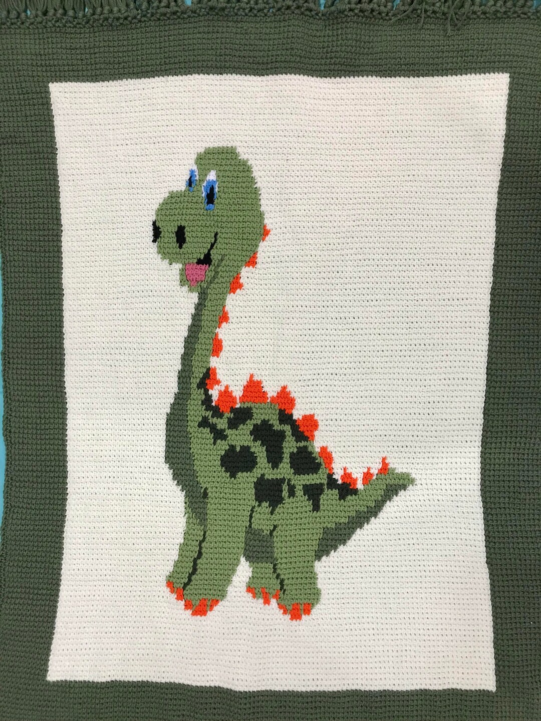 1147 Brontosaurus Happy Dinosaur Green and White Afghan Baby and ...