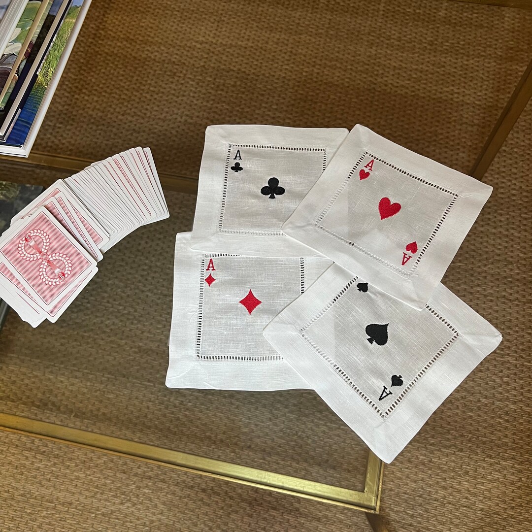 Playing Card Linen Hemstitch Cocktail Napkins Set of 4 - Etsy