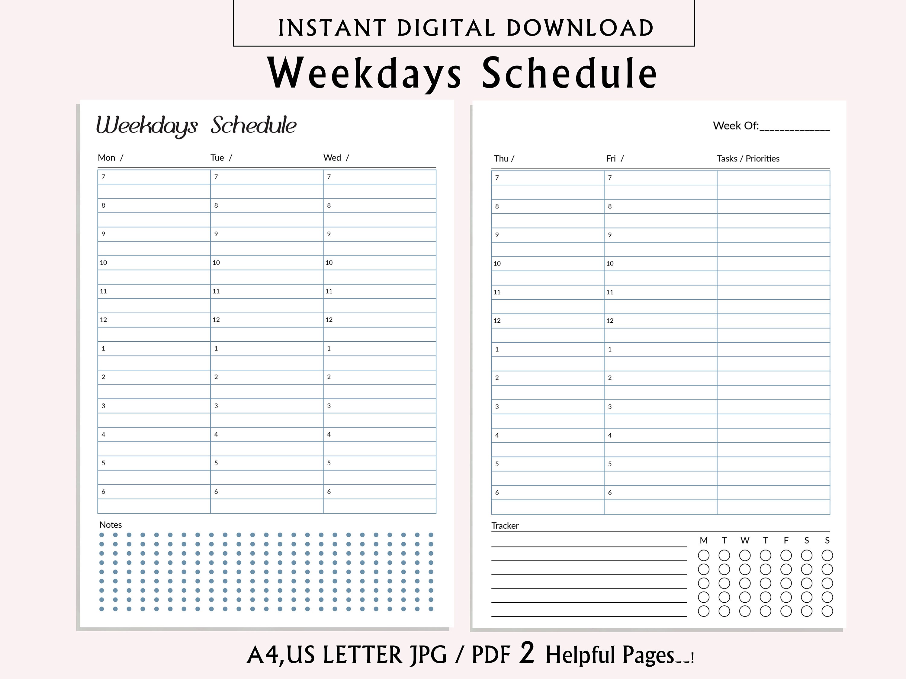 Printable Weekdays Schedule Printable Weekly Weekly - Etsy