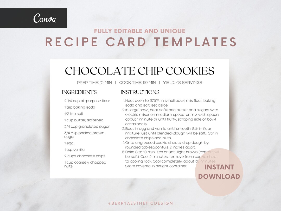 Digital Recipe Card Template | EDITABLE Canva Recipe Cards | 4x6 | 5x7 ...