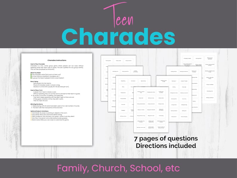 148 Teen Charades Phrases | Printable Charades or Pictionary PDF ...