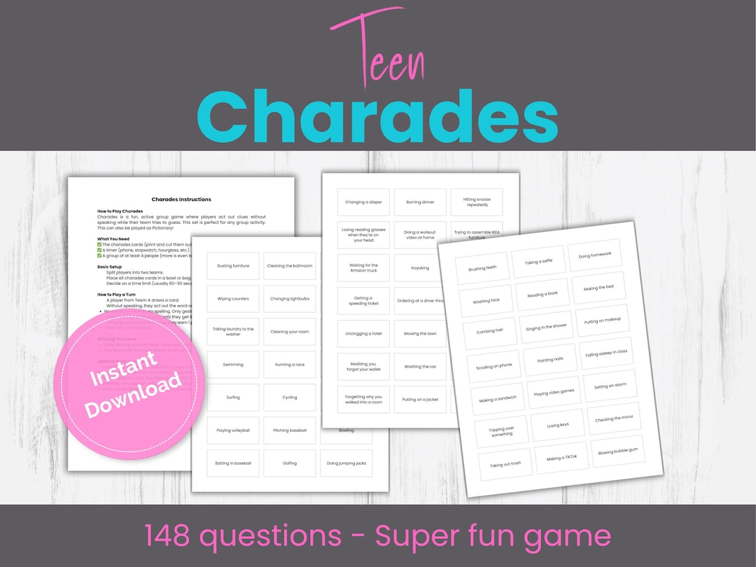 148 Teen Charades Phrases | Printable Charades or Pictionary PDF ...