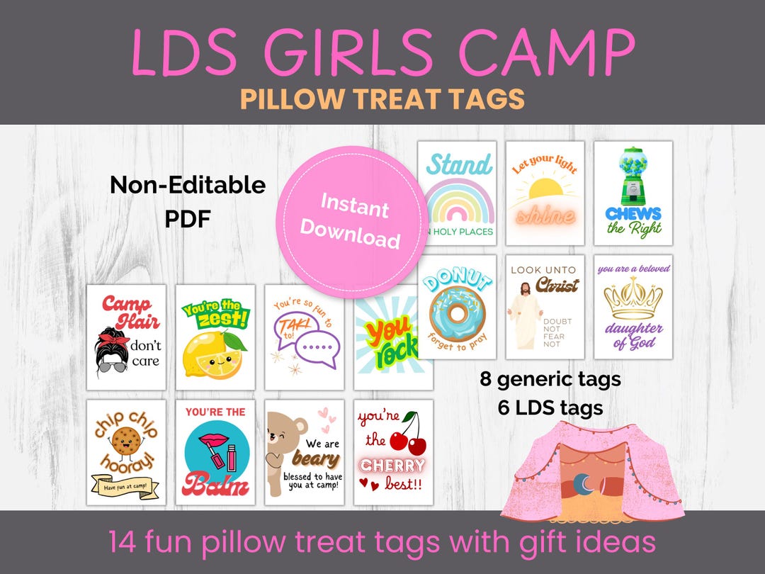 LDS Girls Camp Pillow Treat Tags: Printable Gift Tags (PDF) - Etsy