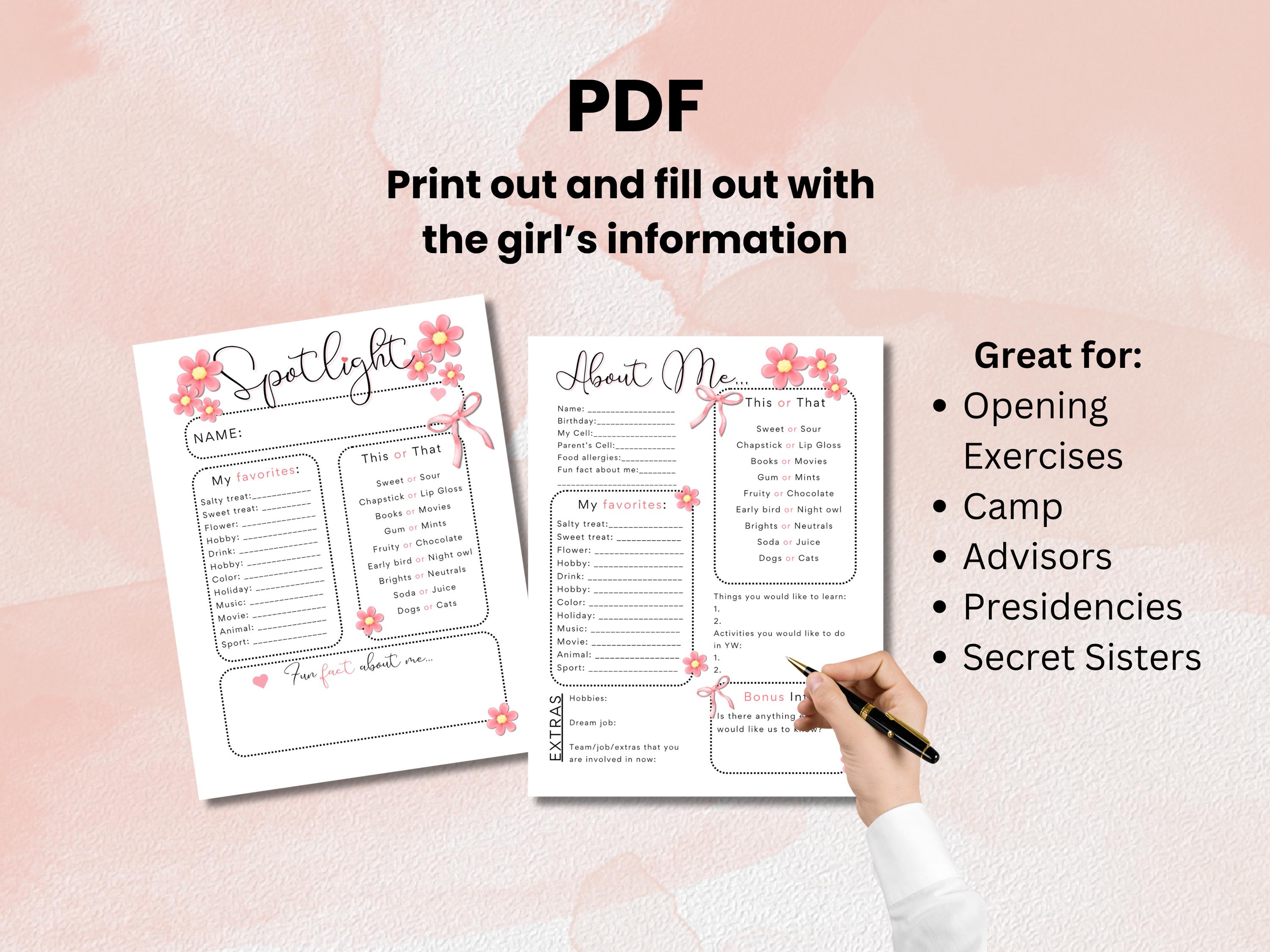 LDS Young Women Spotlight PDF: About Me, Secret Sister Form (digital ...
