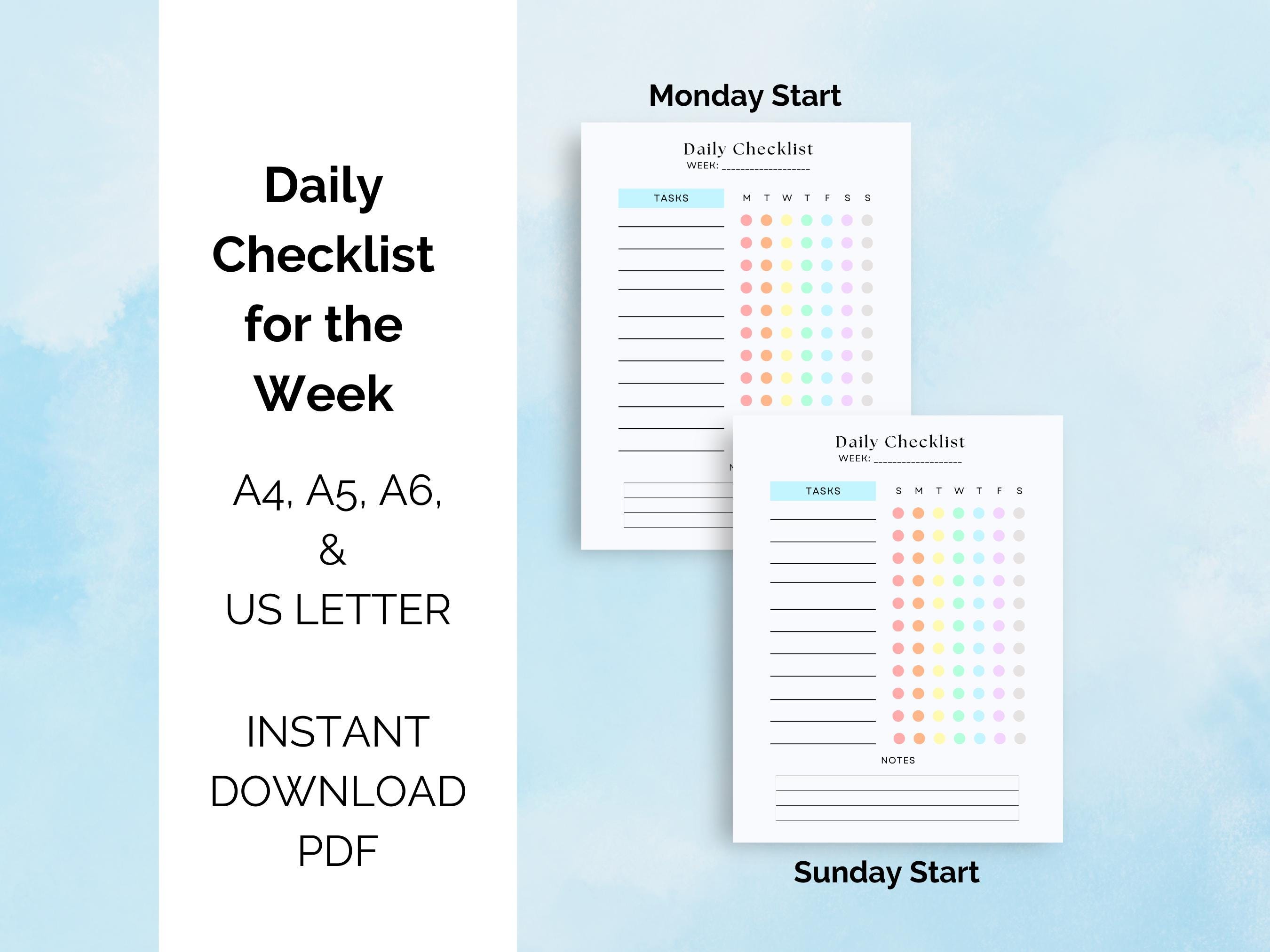 Printable Daily Checklist: Weekly Task Planner (PDF) - Etsy