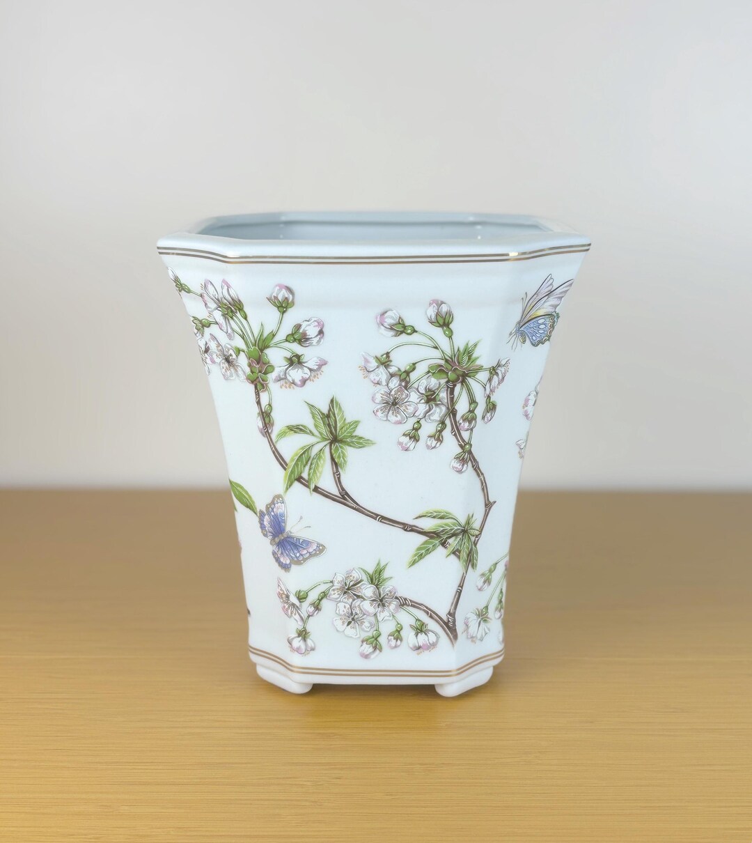 Graceful Porcelain Cachepot With Cherry Blossoms and Butterfly Motif ...