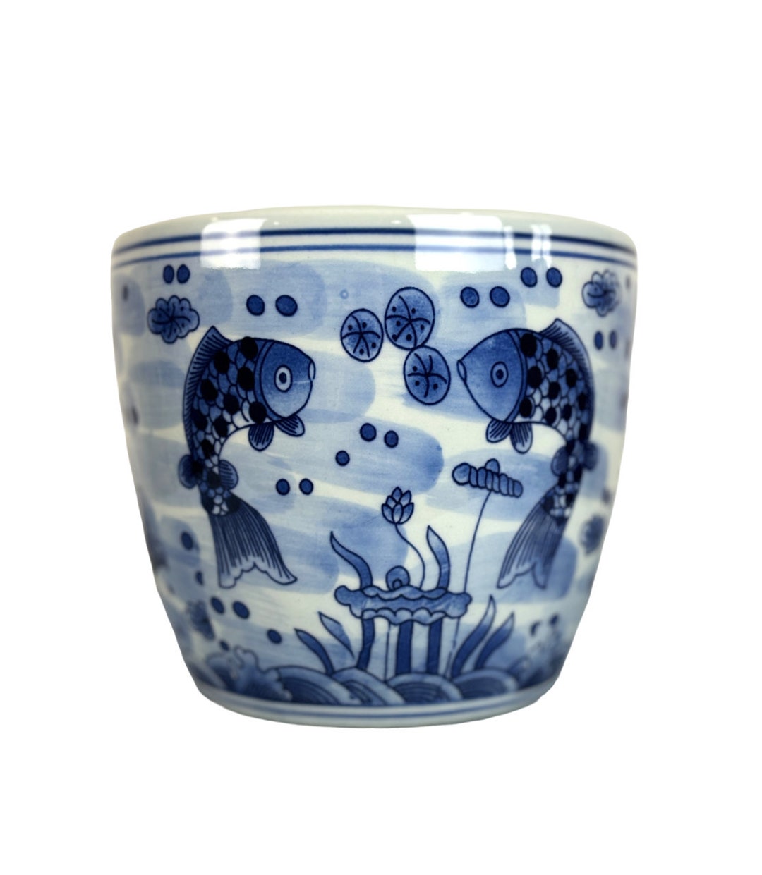 Blue & White Porcelain Bowl Double Fish Design Cachepot Planter - Etsy