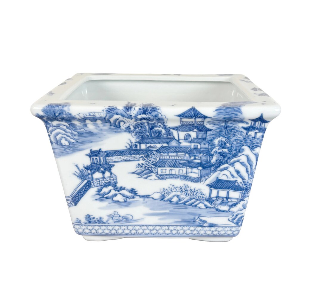 Blue and White Chinoiserie Cachepot Planter Mountain Pavilion - Etsy