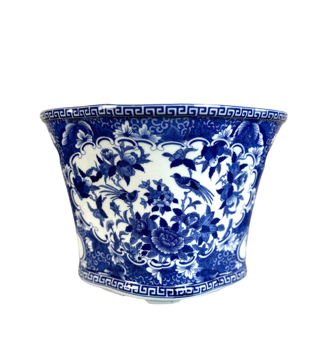 Blue & White Porcelain Cachepot Planter: Vintage Style Floral Bird ...