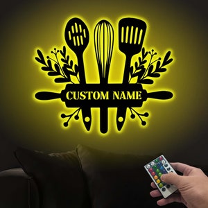 Personalized Kitchen Metal Sign With Led Lights, Kitchen Name Sign ...