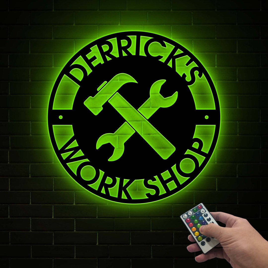 Personalized Workshop Metal Sign Wall Art With Led Lights, Mechanic ...