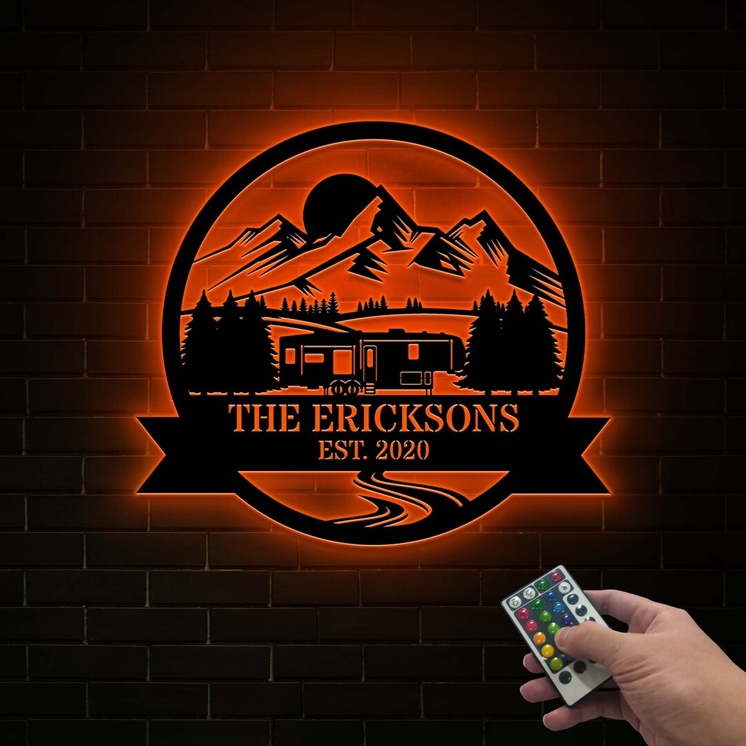 Personalized 5th Wheel Camper With Mountain Scenery Metal Sign With LED ...