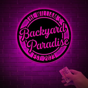 Custom Backyard Paradise Metal Sign With LED, Personalized Family Name ...