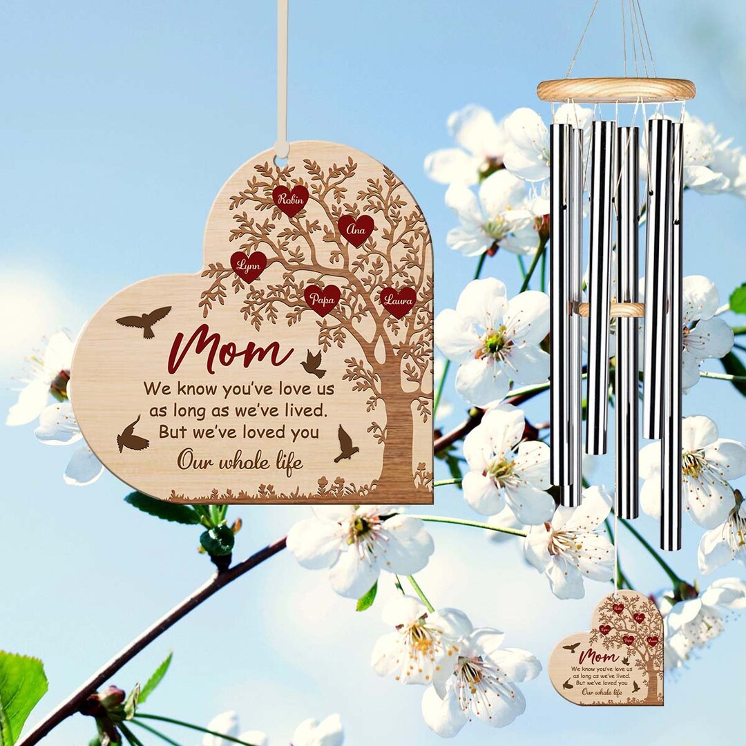 Personalized Mom Wind Chime, Custom Kid Name Sign, Heart Keepsake, Wood ...