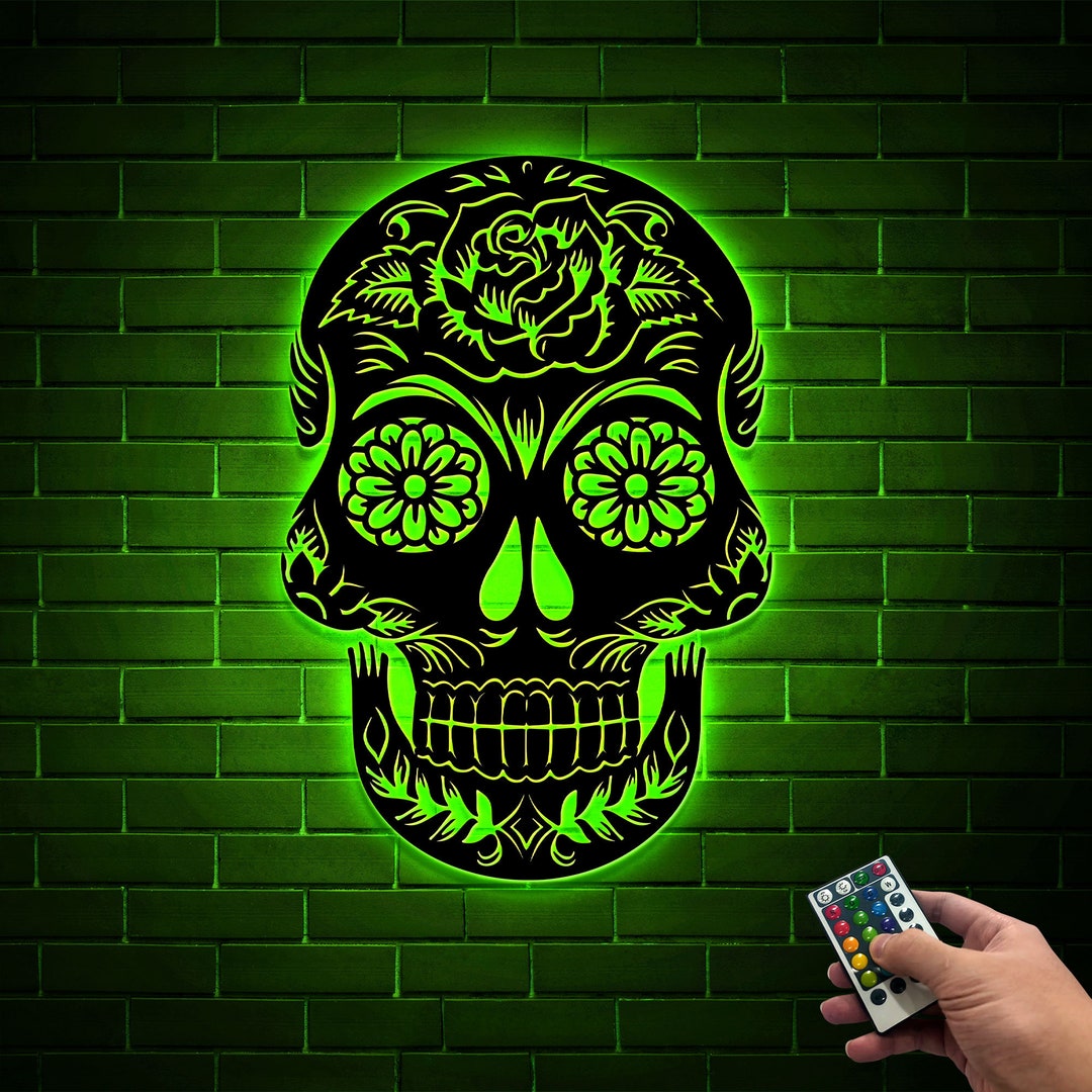 Flower Skull Metal Sign With Led Lights, Sugar Skull Sign, Halloween ...