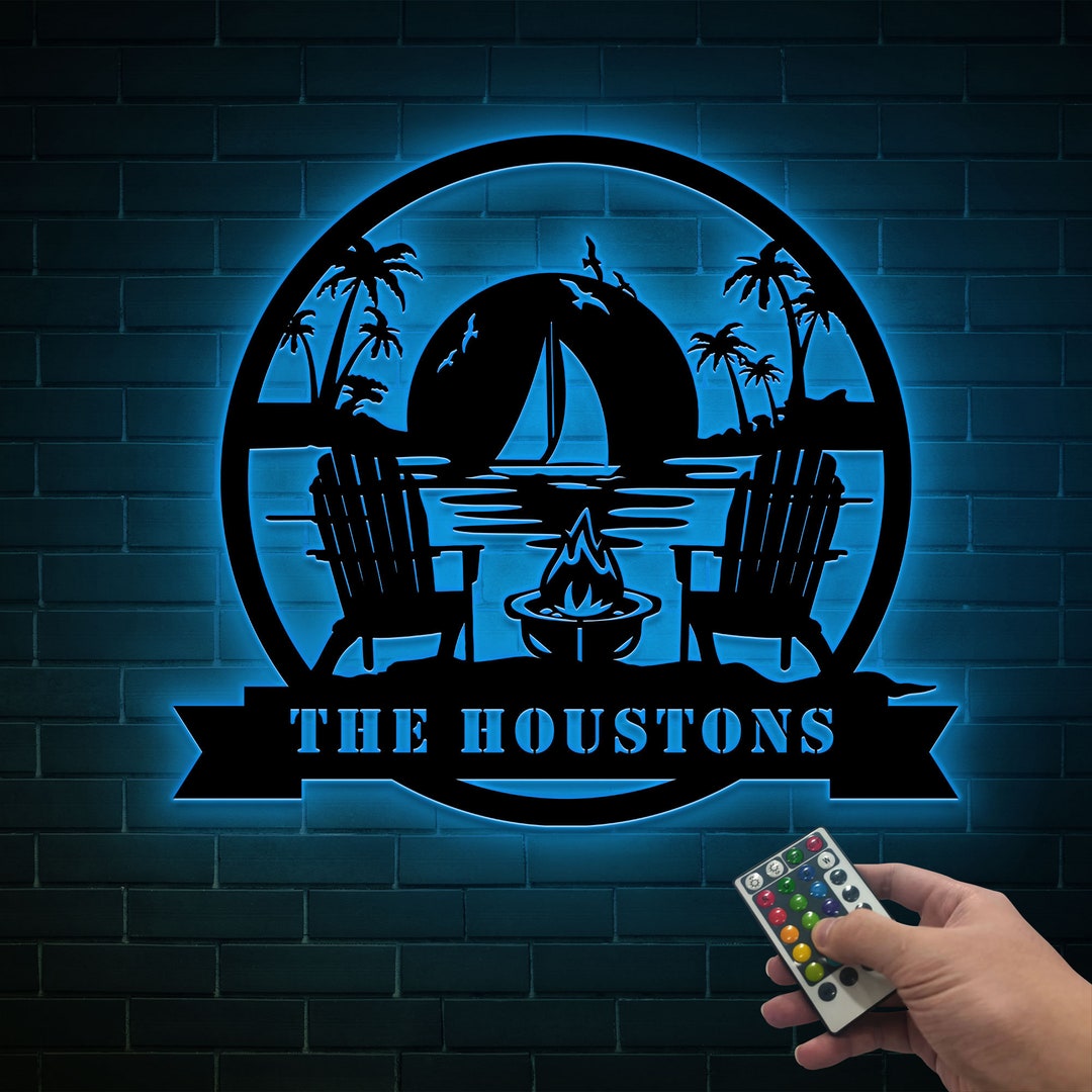 Custom Sunset Beach Campfire Metal Sign Wall Art With Led Lights, Beach ...