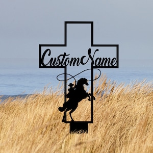 Personalized Cowboy Memorial Stake, Laser Cut Metal Cross, Remembrance ...