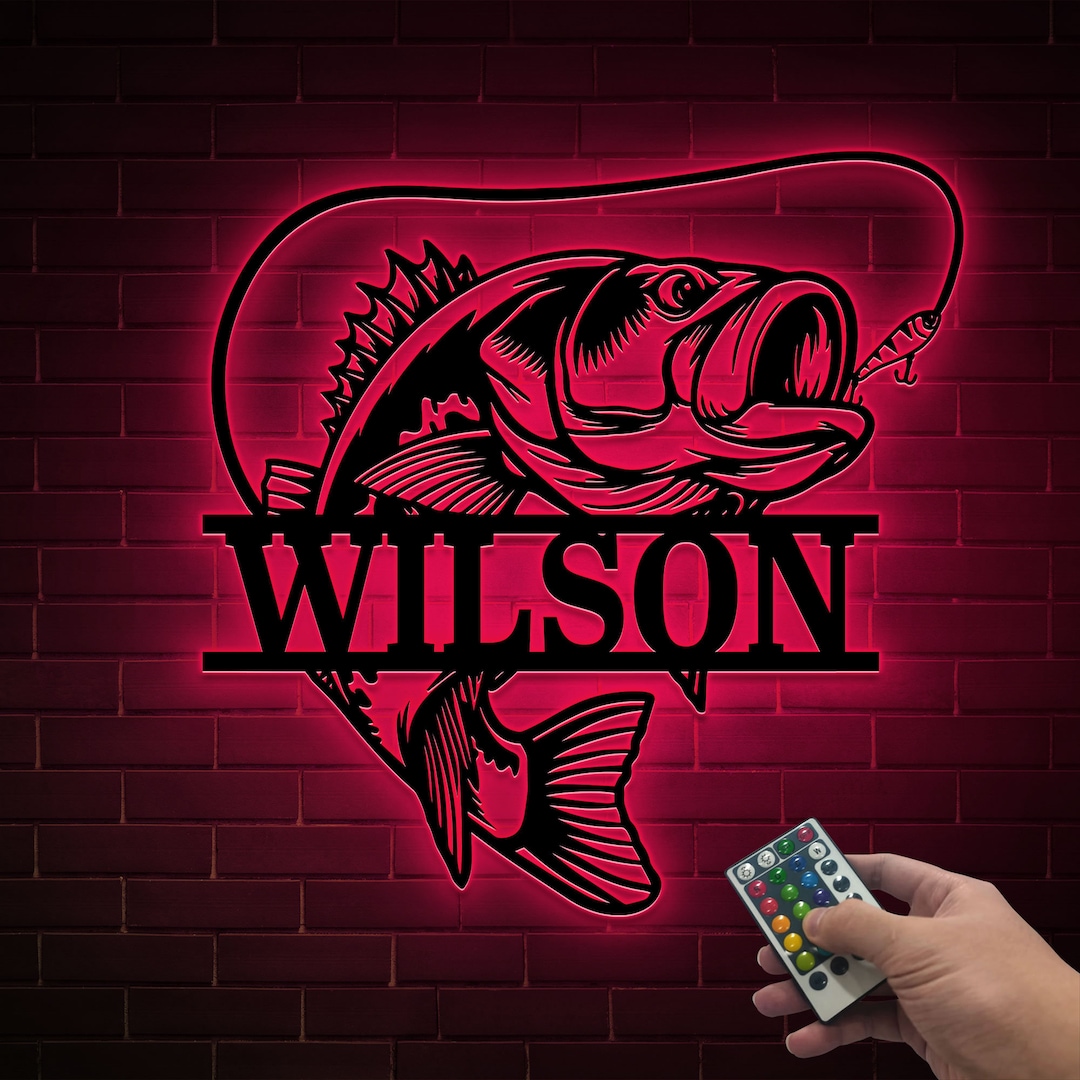 Personalized Bass Fishing Monogram Metal Sign With LED Lights, Custom ...