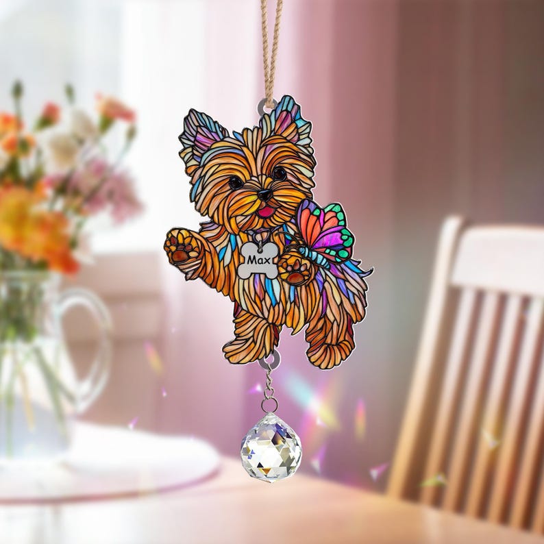 Yorkshire Terrier Acrylic Suncatcher With Crystal, Dog Name Suncatcher ...