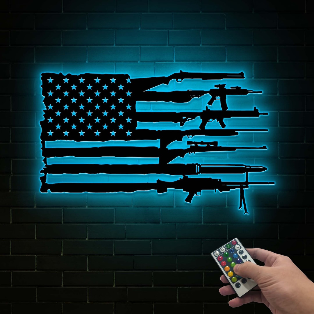 Gun American Flag Metal Wall Art With Led Light, 2nd Amendment, 4th of ...