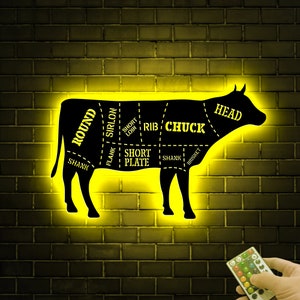 Cow Butcher Diagram Cuts of Beef Meat Metal Sign Led Light, Chef Gift ...