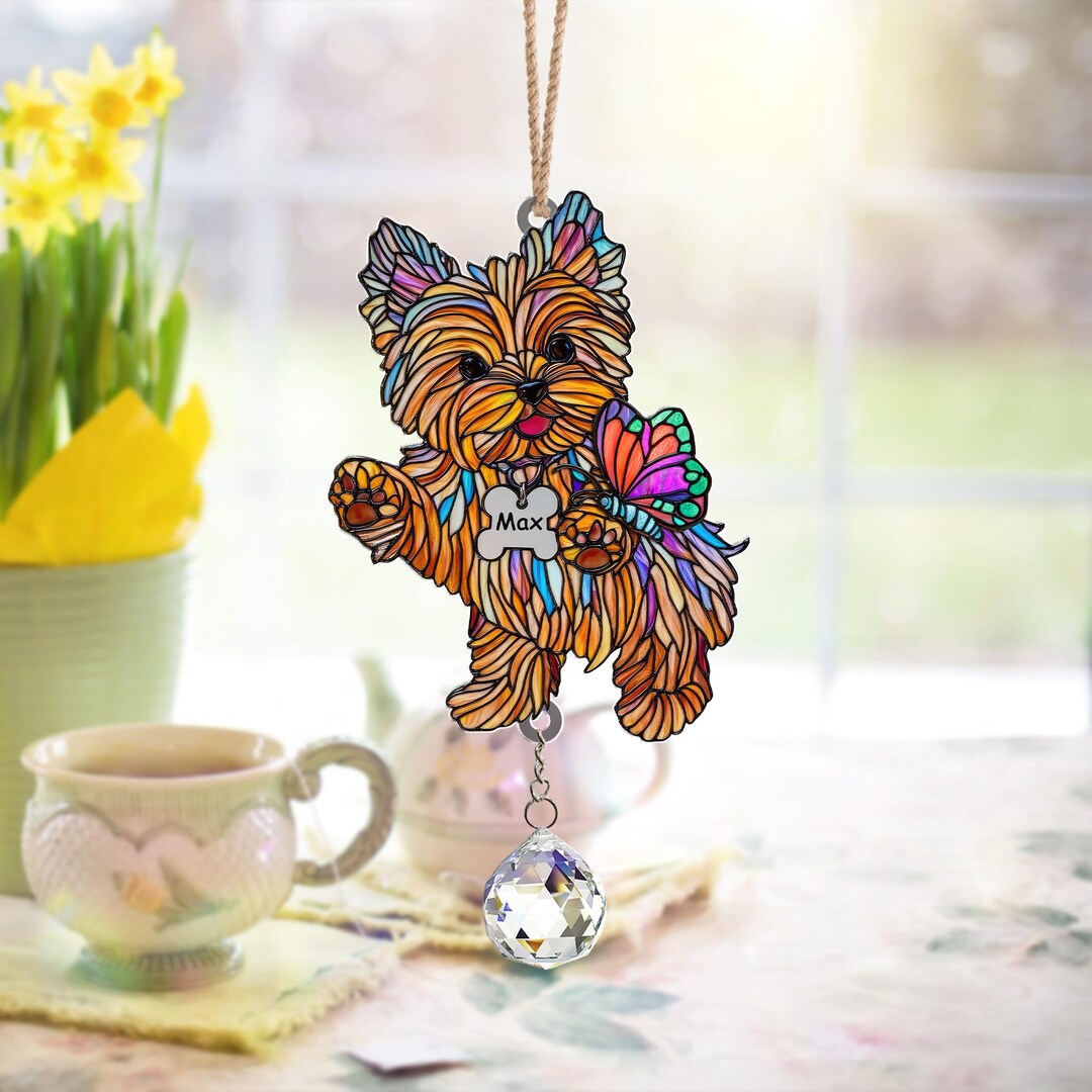 Yorkshire Terrier Acrylic Suncatcher With Crystal, Dog Name Suncatcher ...