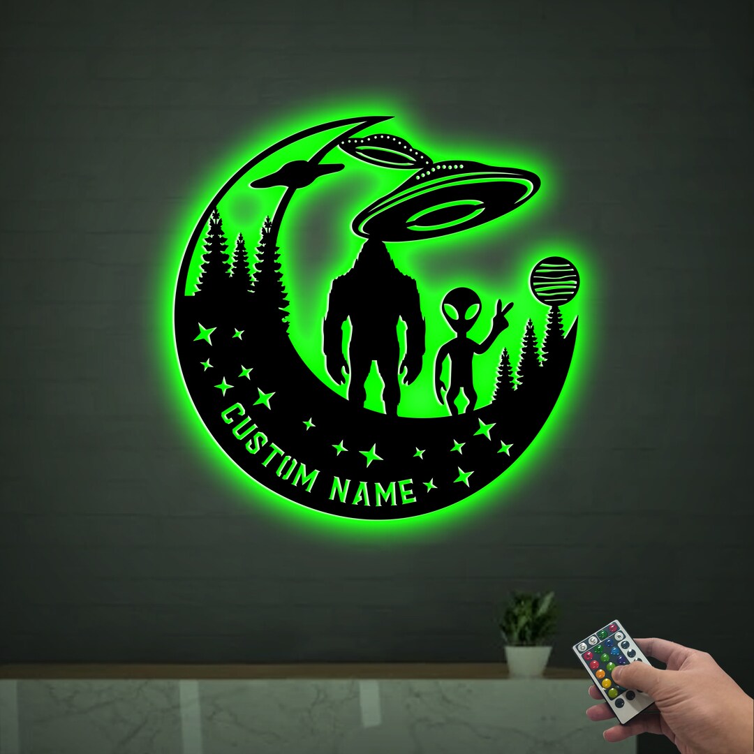 Bigfoot and Alien, Metal Wall With LED Light, Bigfoot Metal Art Bigfoot ...