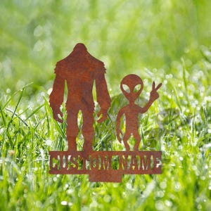 Custom Bigfoot and Alien Garden Yard Art, Sasquatch Sign With Stakes ...