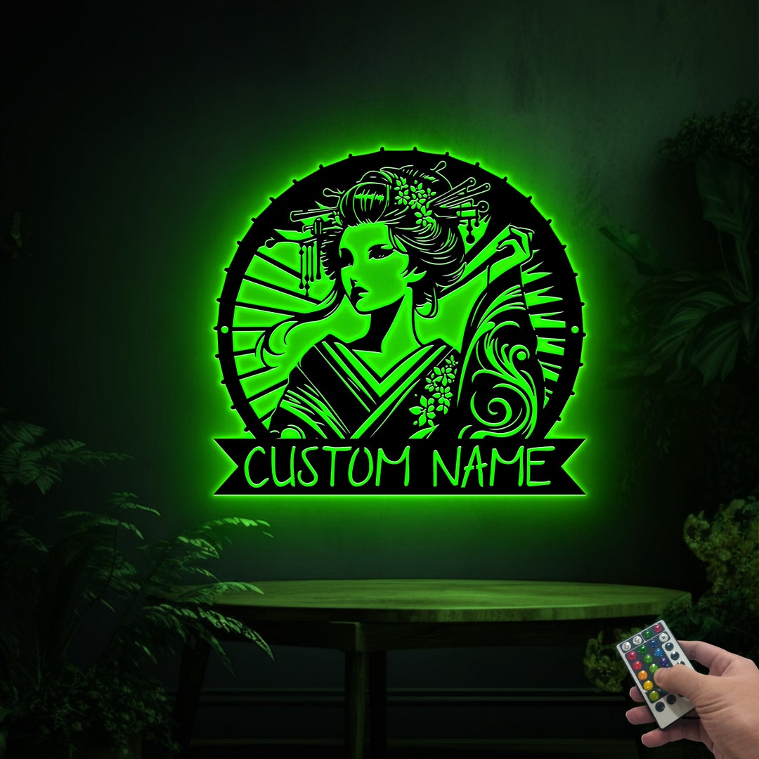 Custom Japanese Geisha Metal Wall Art With LED Lights, Geisha Portrait ...