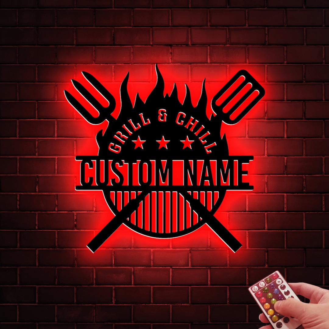 Personalized Grill and Chill Metal Sign With LED Light, Backyard Bar ...