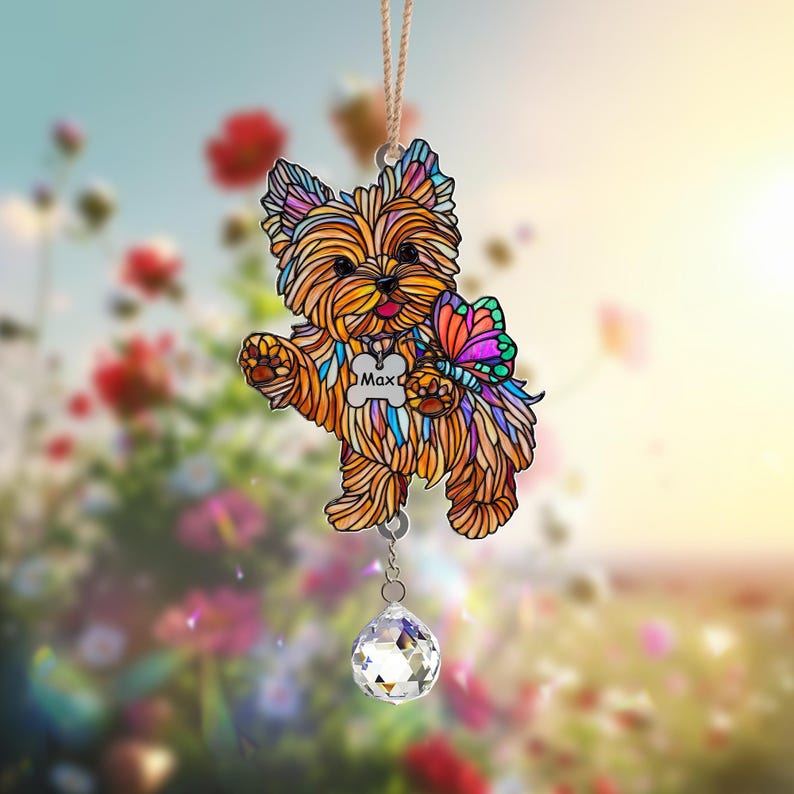 Yorkshire Terrier Acrylic Suncatcher With Crystal, Dog Name Suncatcher ...