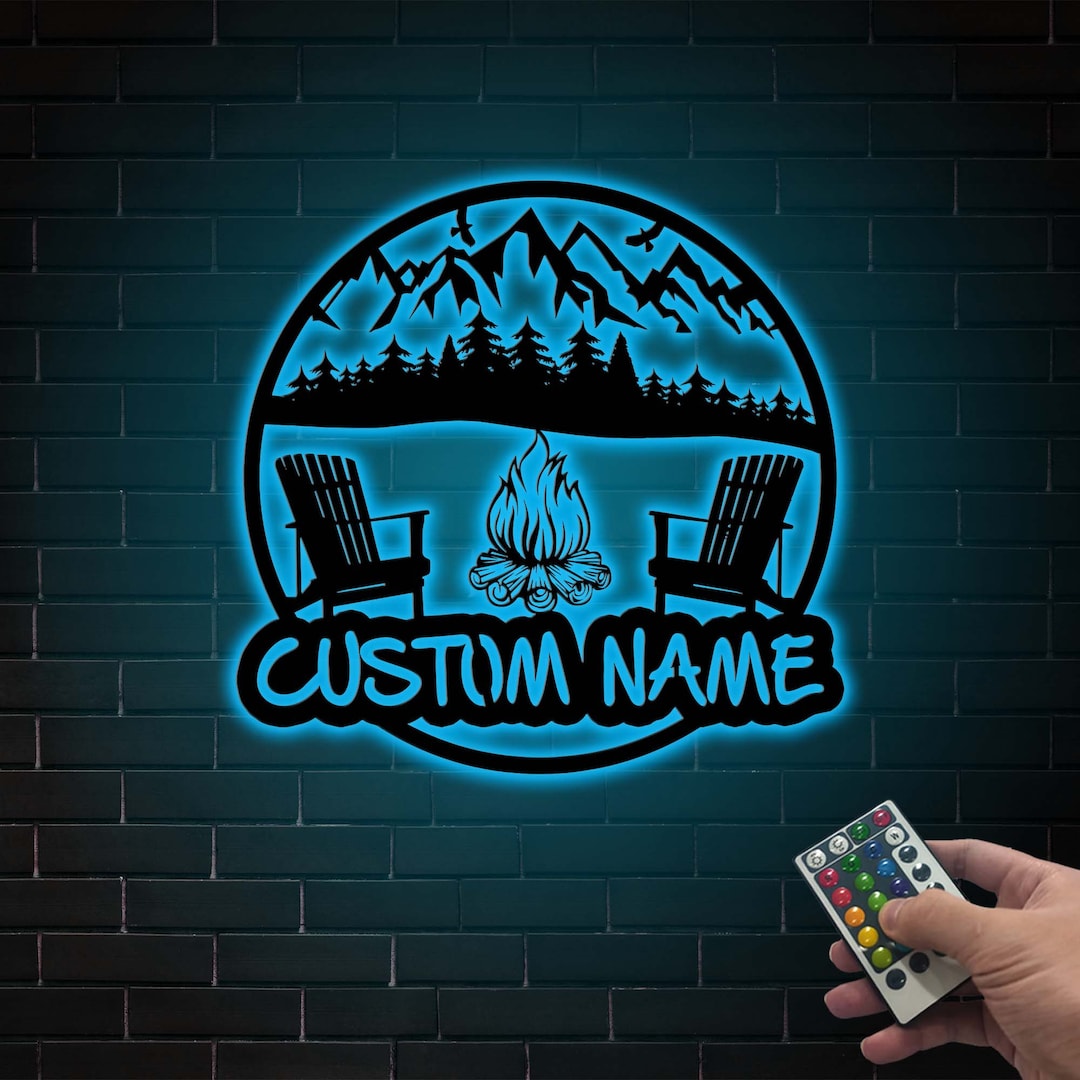 Personalized Fire Pit Metal Sign With LED Light, Custom Camping Name ...