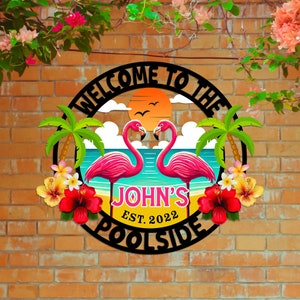 Custom Flamingo Metal Sign With Led Lights, Patio Palm Spring Sign ...