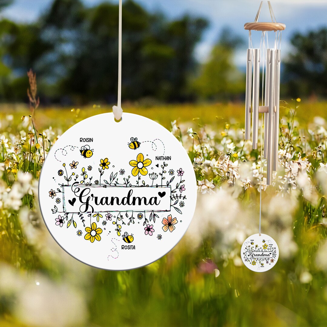 Personalized Wind Chimes, Custom Kid Name, Grandma Bee Flower Wind ...
