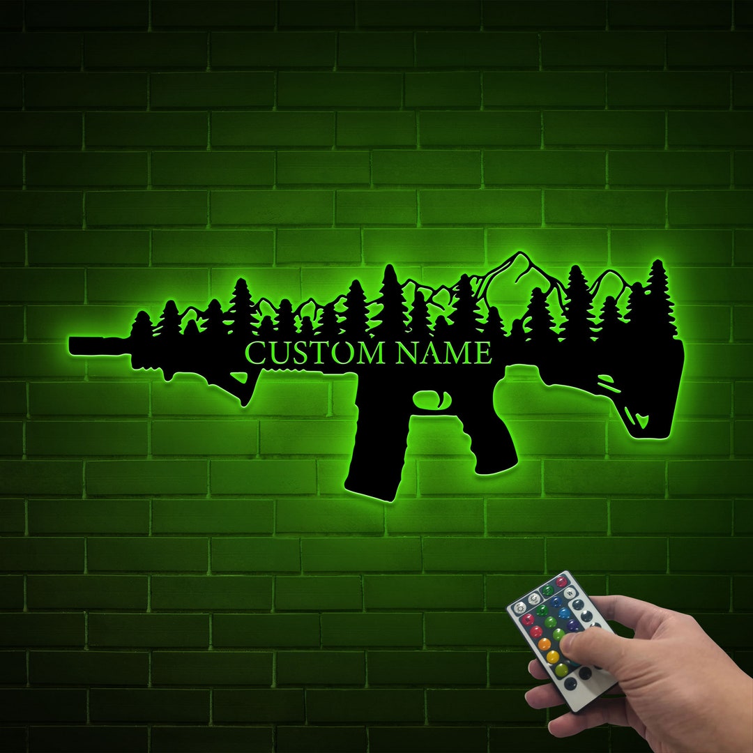 Personalized Gun Metal Sign Wall Art With Led Lights, Rifle Mountain ...